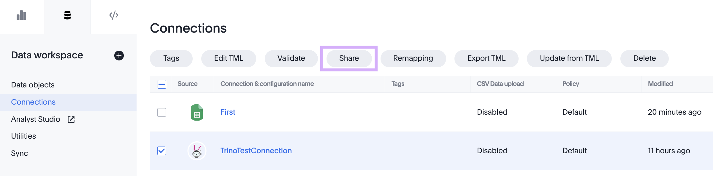 Share a connection | ThoughtSpot Cloud